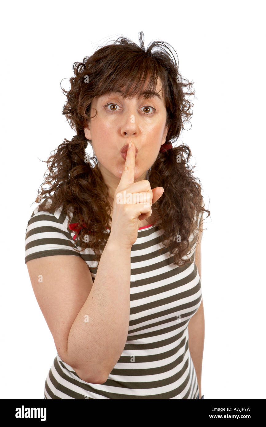 Young student woman making a gesture to be silence Stock Photo - Alamy