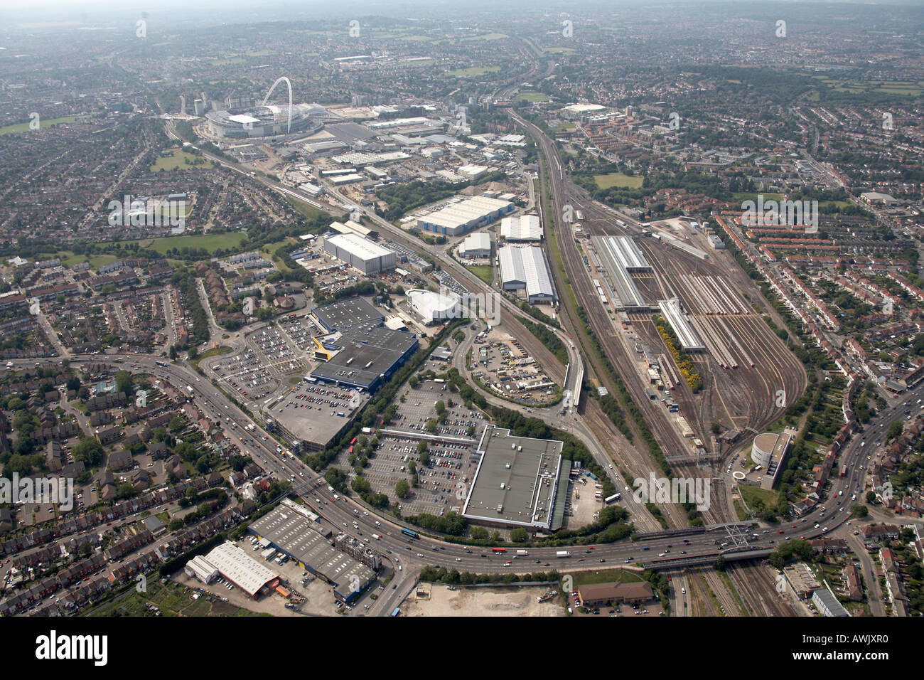 High level oblique aerial view north west of Neasden Rail Depot works ...