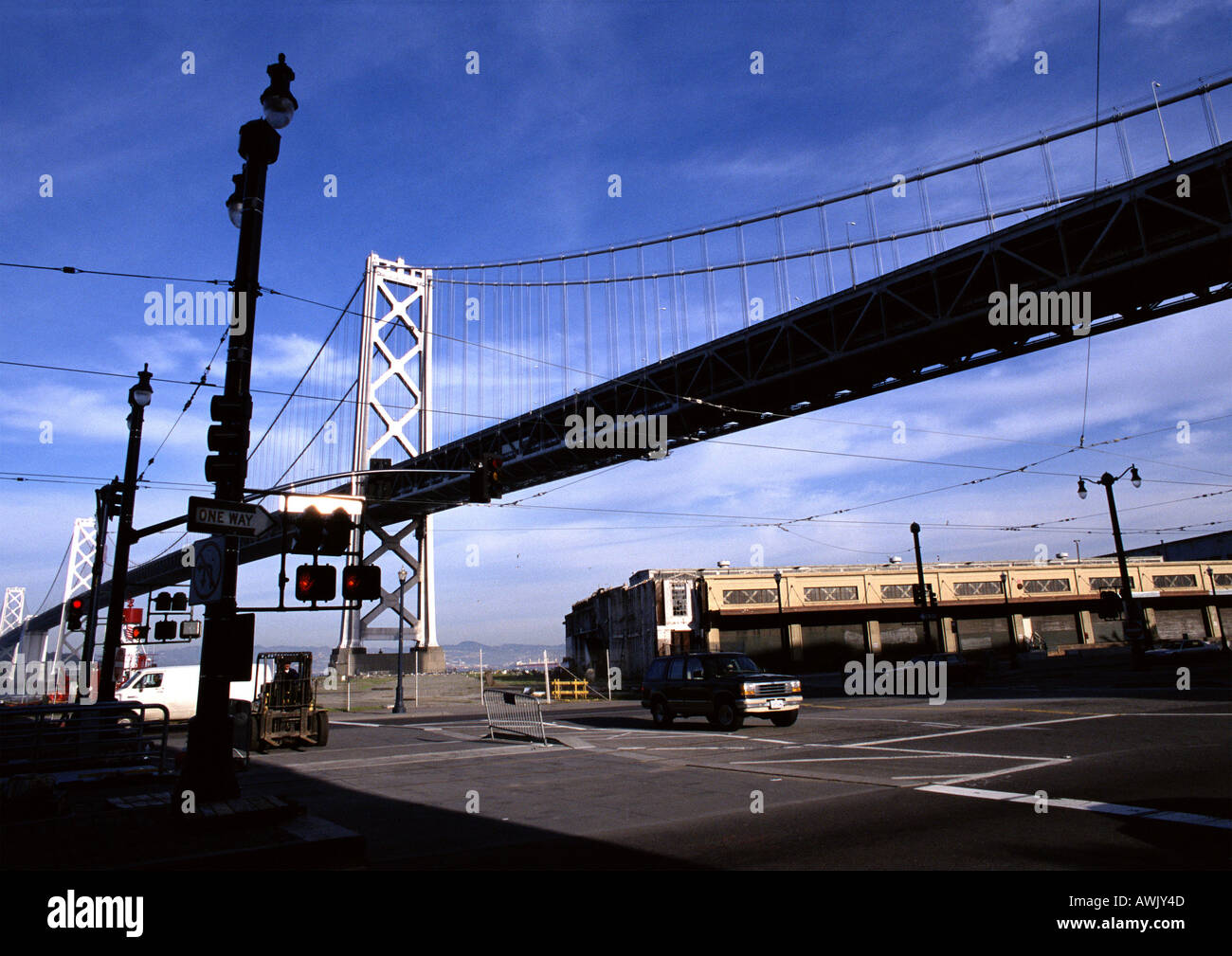 Suspension bridge over train Stock Photo - Alamy
