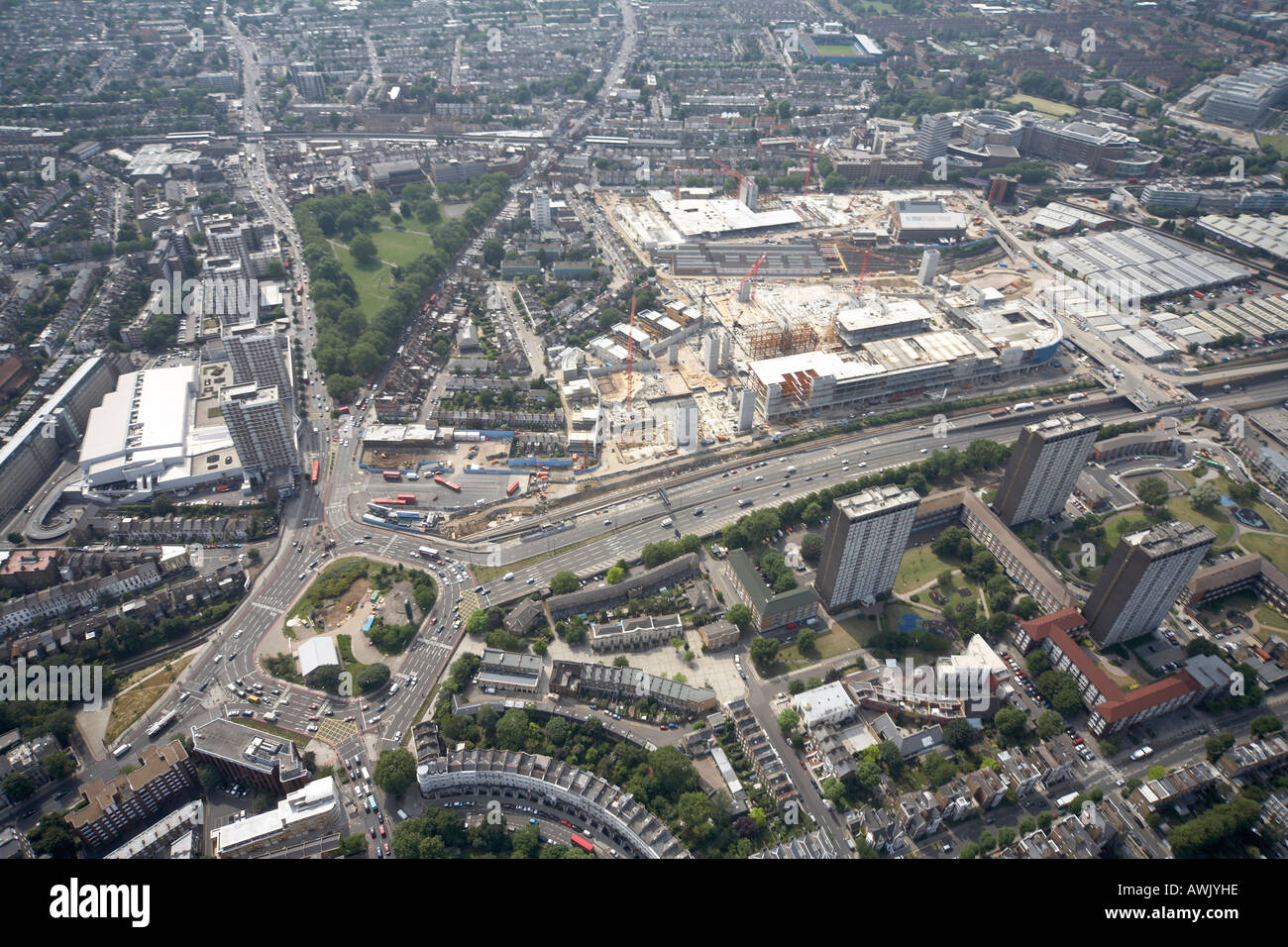 High level oblique aerial view west of Multiplex White City Building ...
