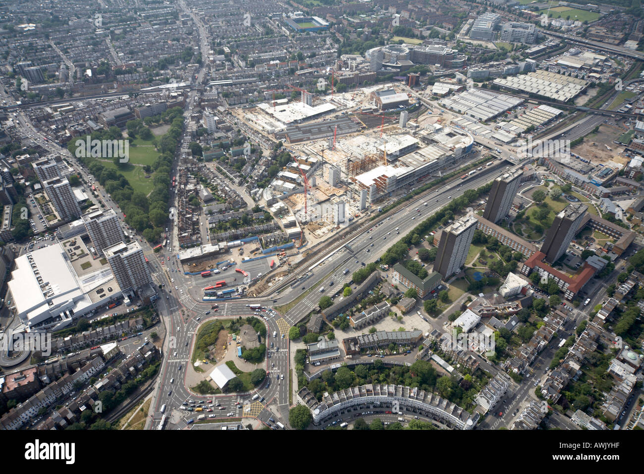 High level oblique aerial view west of Multiplex White City Building ...