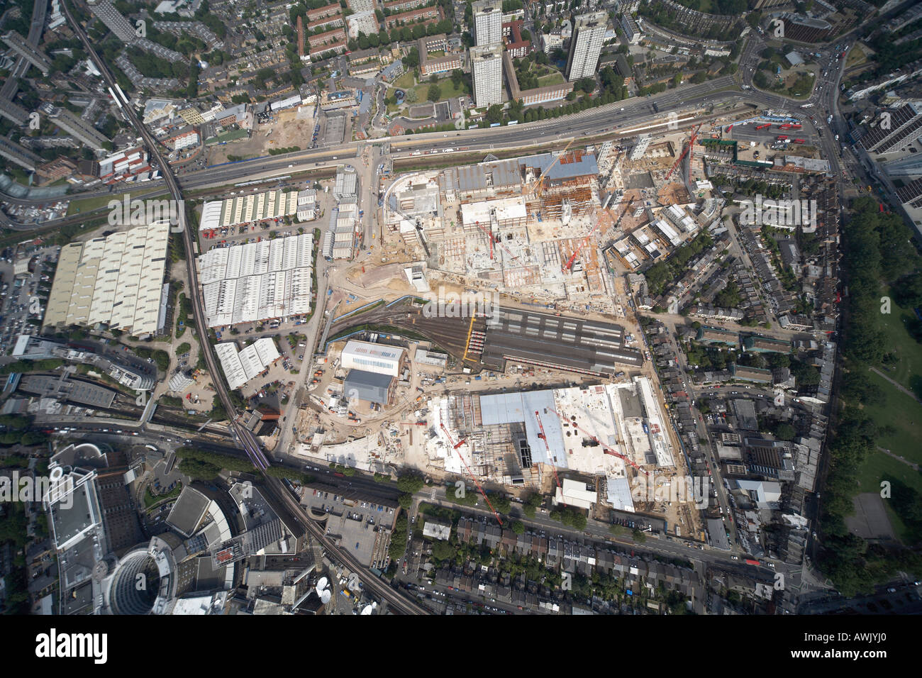 High level oblique aerial view west of Multiplex White City Building ...