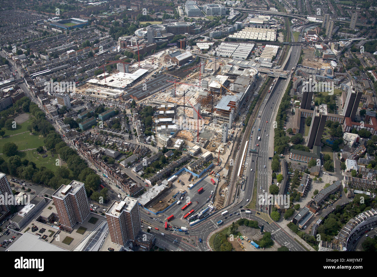 High level oblique aerial view west of Multiplex White City Building ...