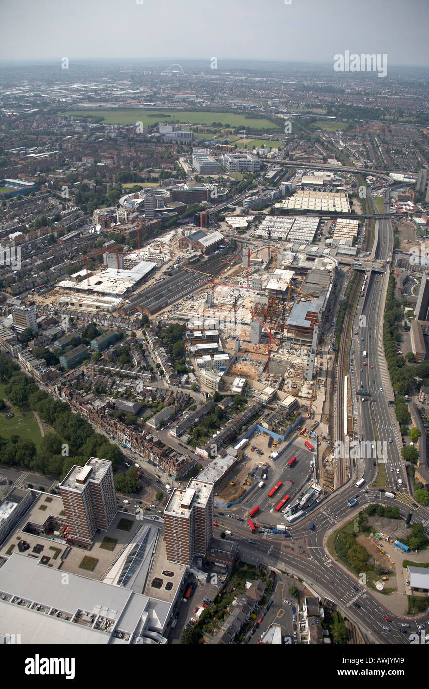 High level oblique aerial view west of Multiplex White City Building ...