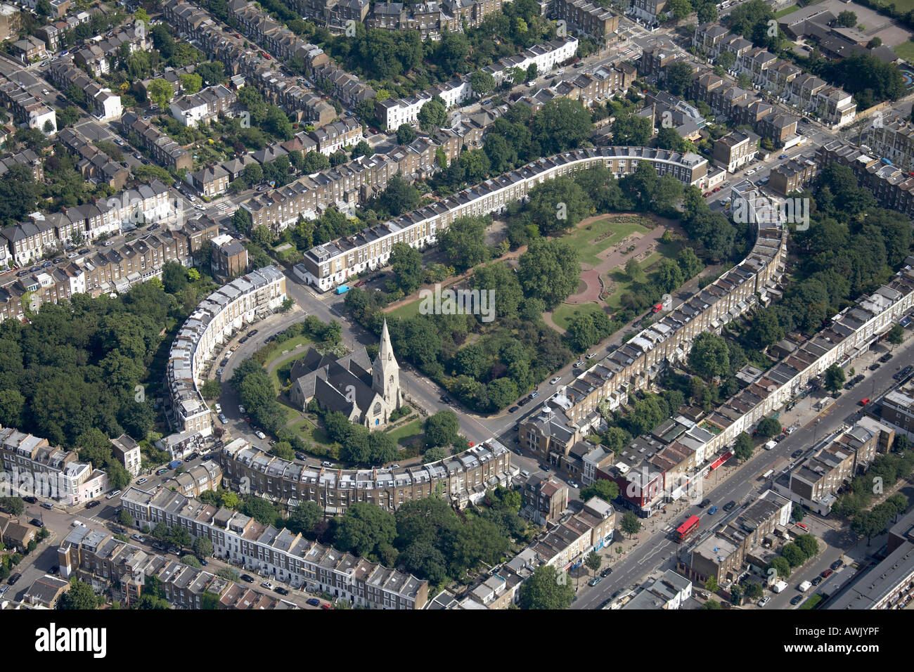 High level oblique aerial view of St Andrews Church Thornhill Square ...