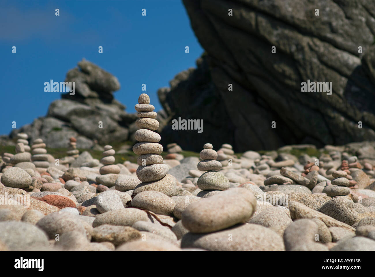 Cairns on a rocky shore, Isles of Scilly Stock Photo - Alamy