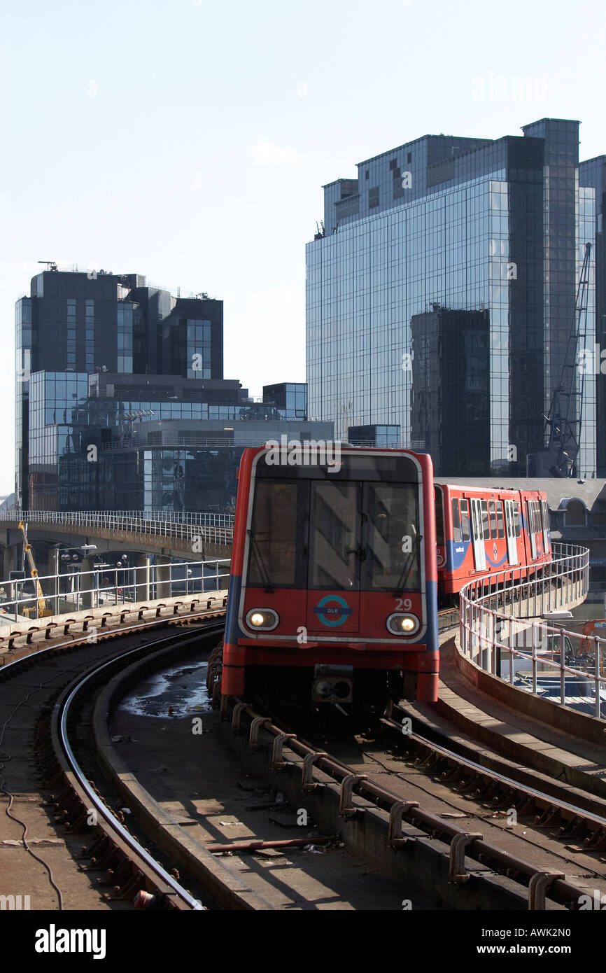 DLR Docklands Light Railway train approaching South Quay station with ...