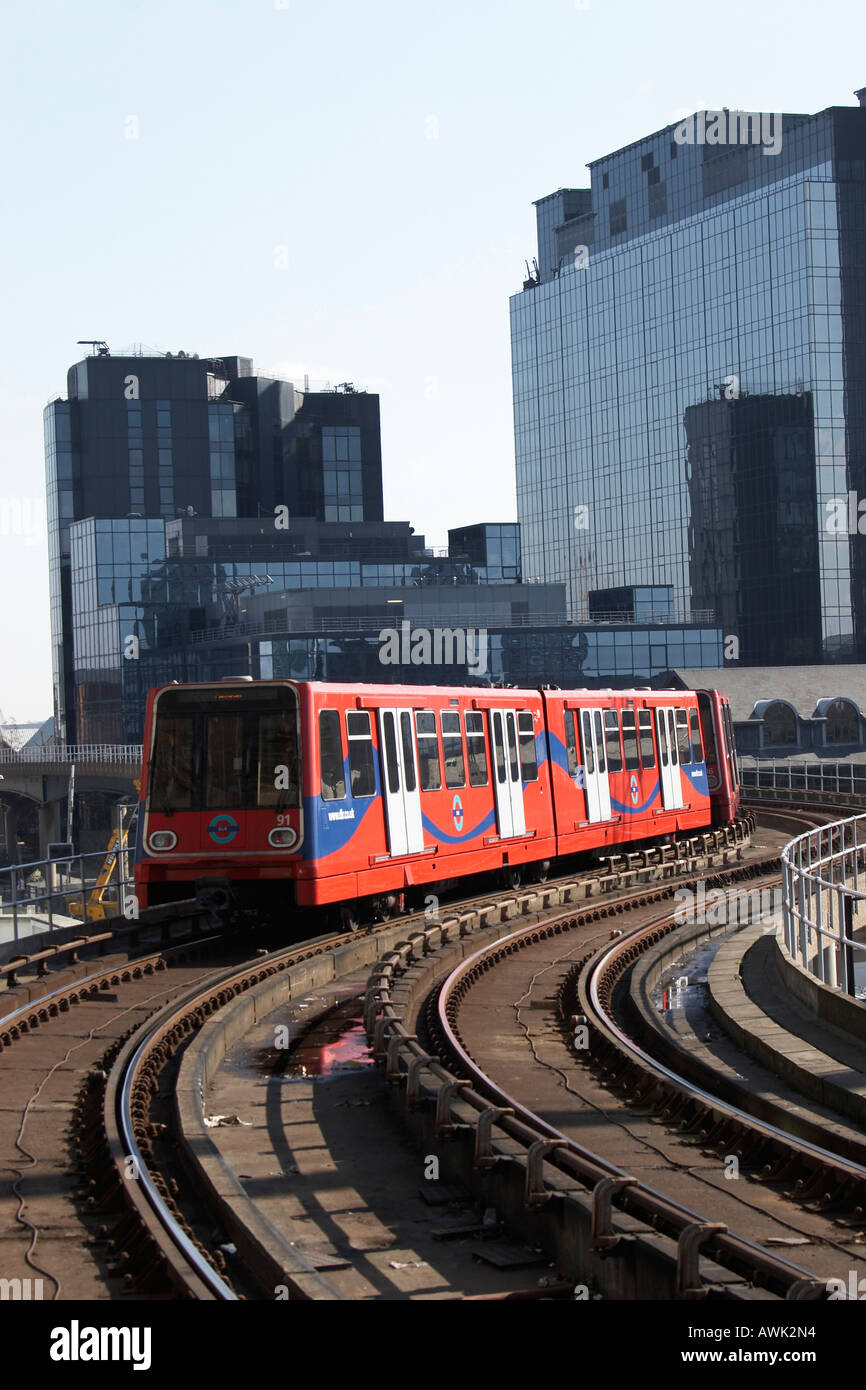 DLR Docklands Light Railway train approaching South Quay station with ...