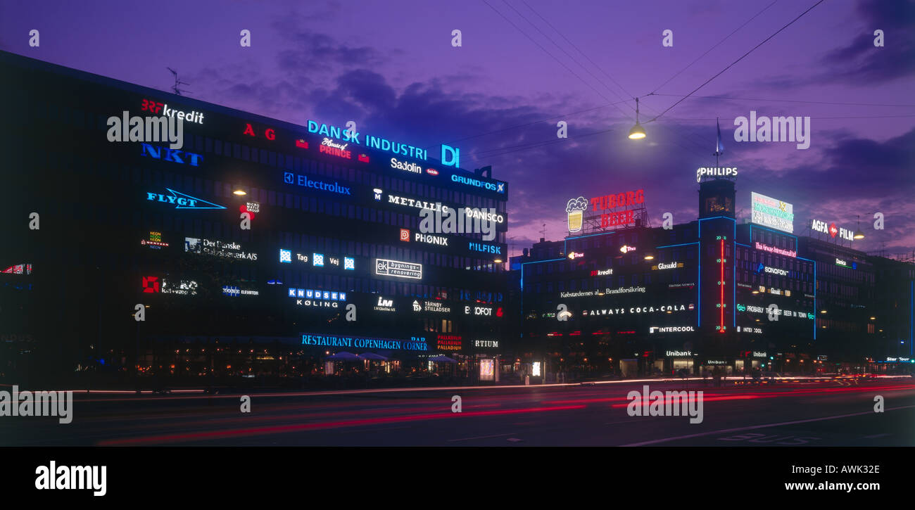 Buildings lit up at night, Copenhagen, Denmark Stock Photo - Alamy