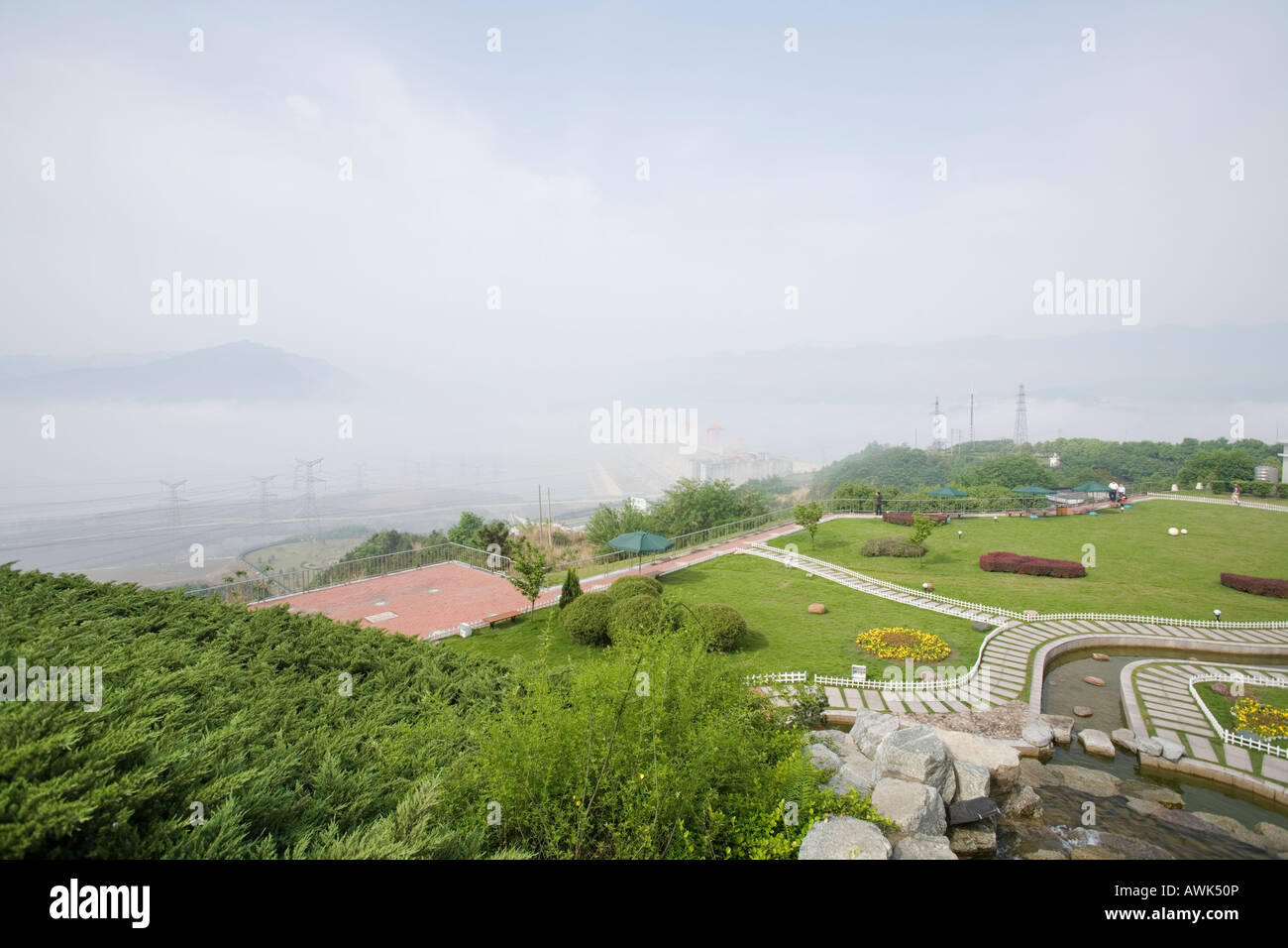 The park at the Three Gorges Dam, Yangtze river, The People's Republic ...