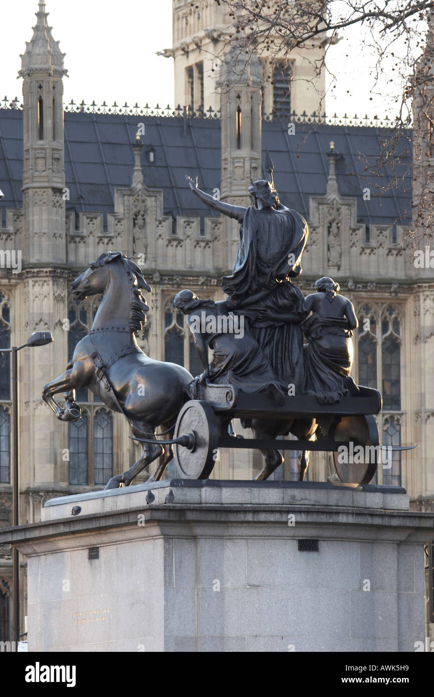 Bronze statue sculpture of Boadicea on chariot with horses and Houses ...