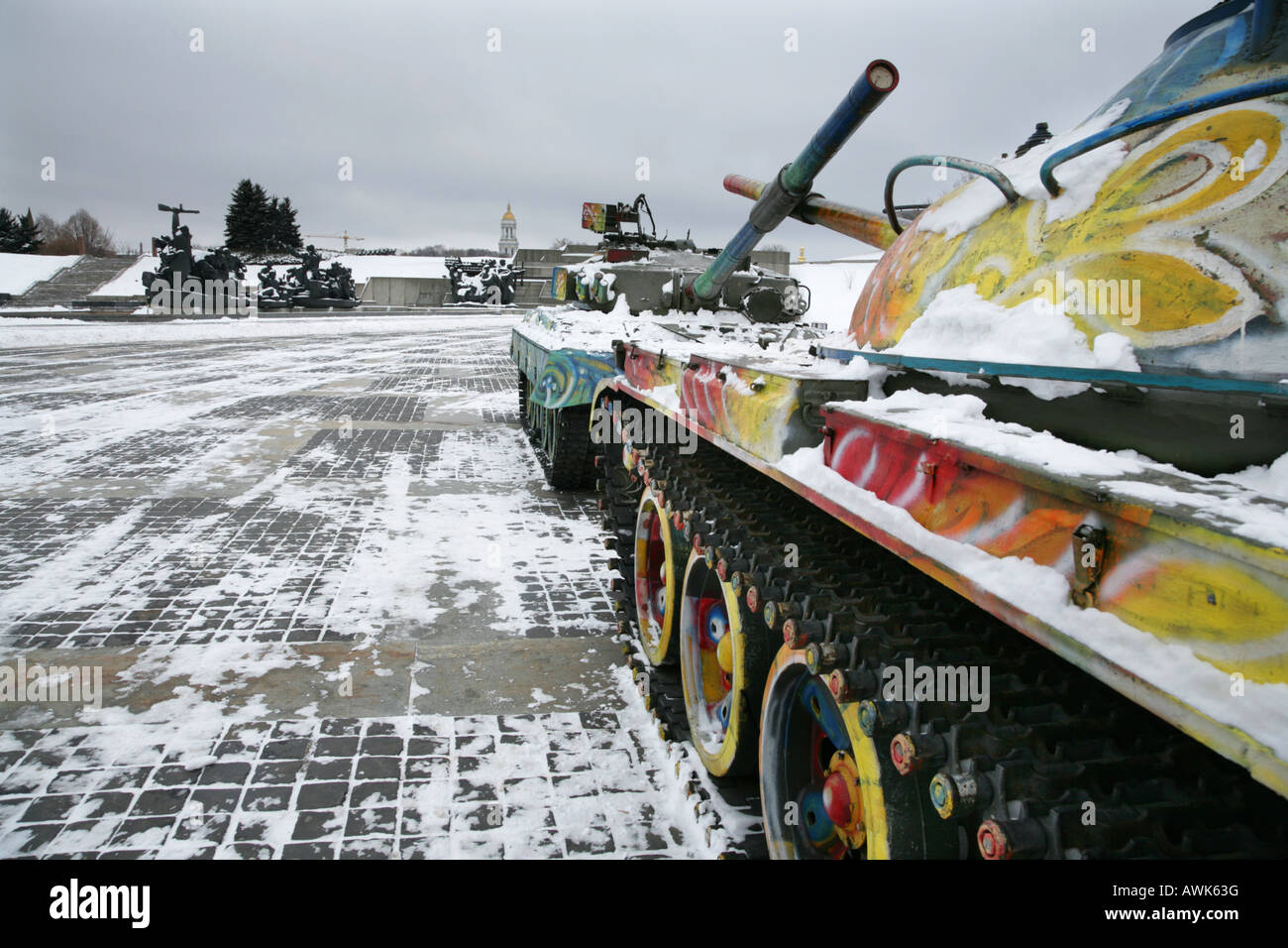 Preserved tanks with crossed barrels symbolising peace, outside the ...