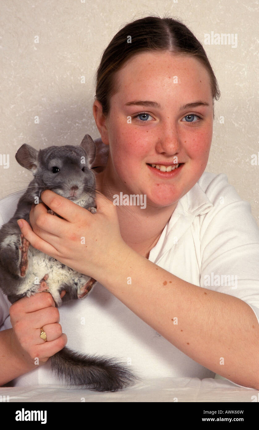 portrait teenage girl holding pet chinchilla Stock Photo - Alamy