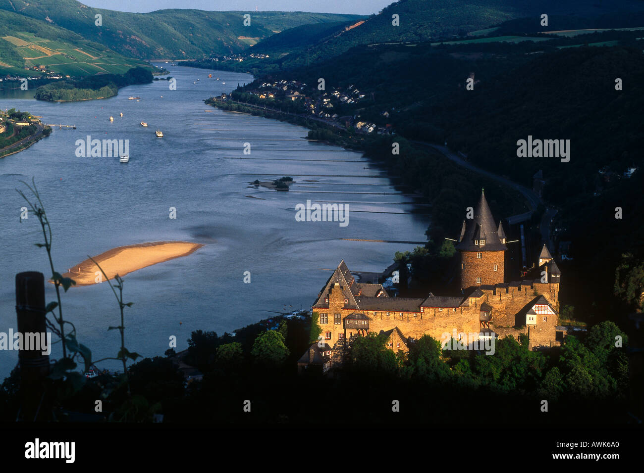 Aerial view of castle at riverside, Stahleck Castle, Bacharach, Rhine ...
