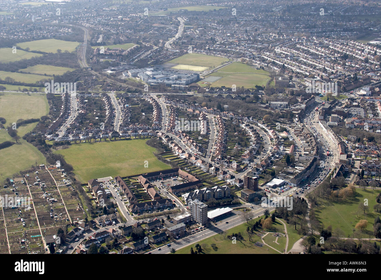 High level oblique aerial view south west of residential area in Brent ...