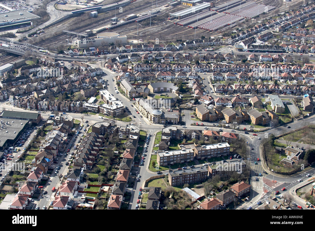High level oblique aerial view north of Neasden with residential area ...