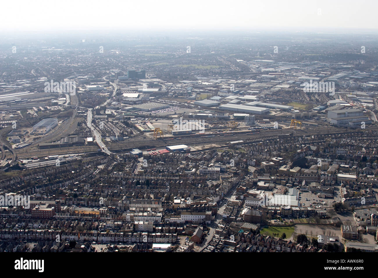 High level oblique aerial view west of Willesden Junction with ...