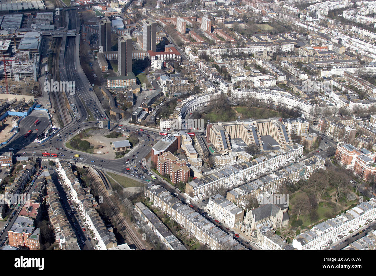 High level oblique aerial view north of Holland park Roundabout A40 ...