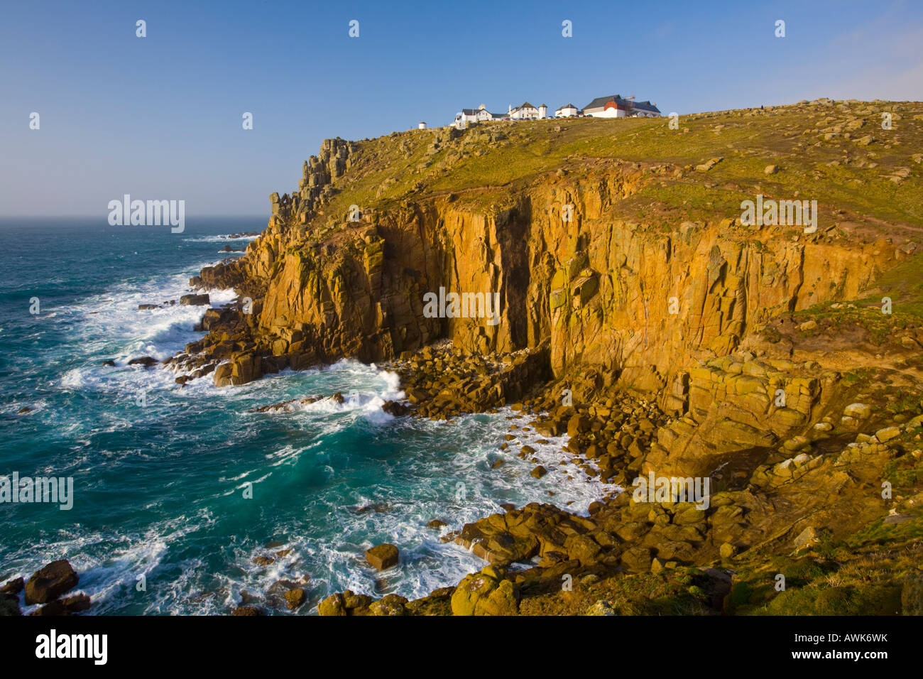Lands End headland Cornwall England UK with the tourist complex on top ...