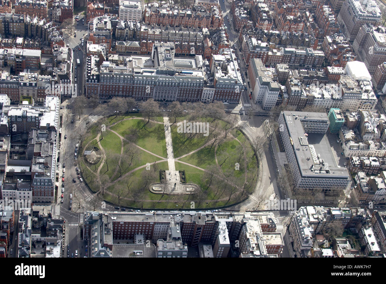 High level oblique aerial view south of Grosvenor Square and US Embassy ...