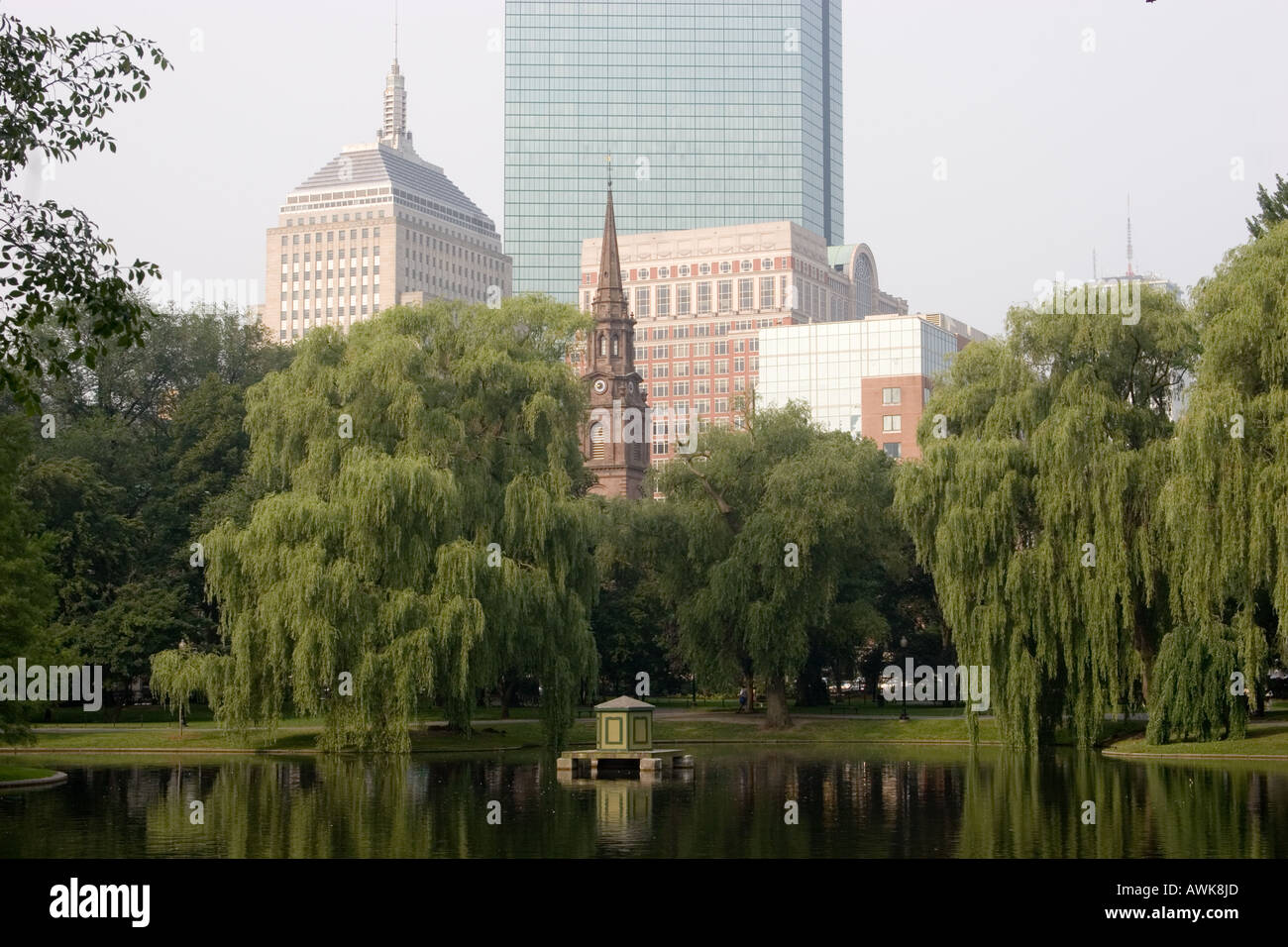 View across Boston Public garden lake to Back Bay Boston Massachusetts ...