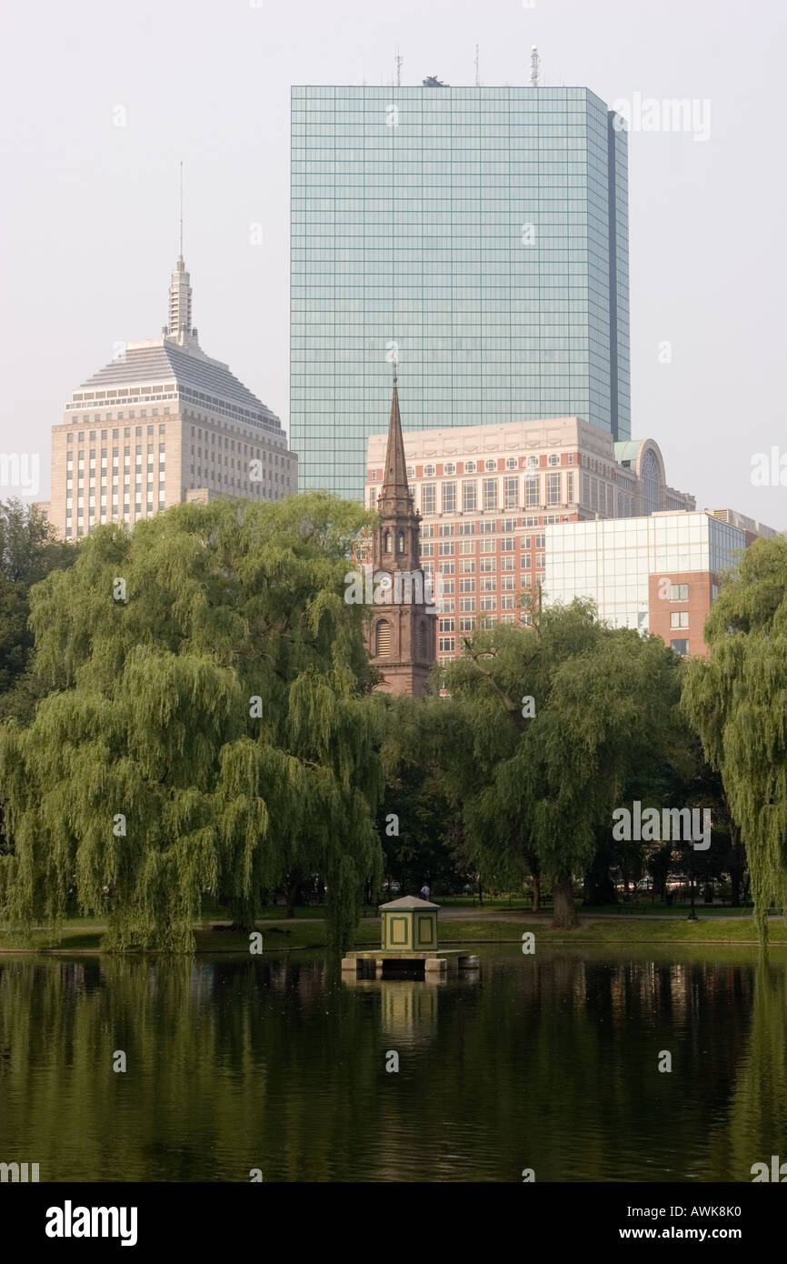 View across Boston Public garden lake to Back Bay Boston Massachusetts ...