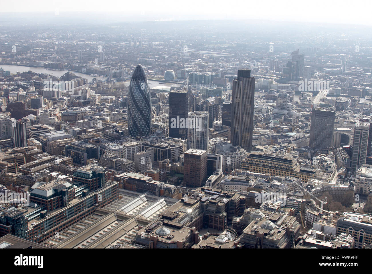 High level oblique aerial view south west of Gherkin Tower 42 Liverpool ...
