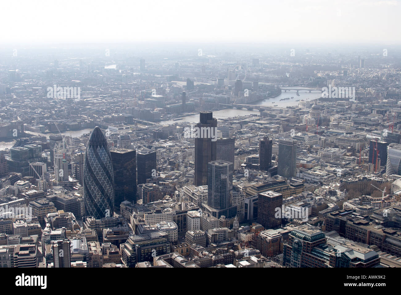 High level oblique aerial view north west of Gherkin Tower 42 c Stock ...