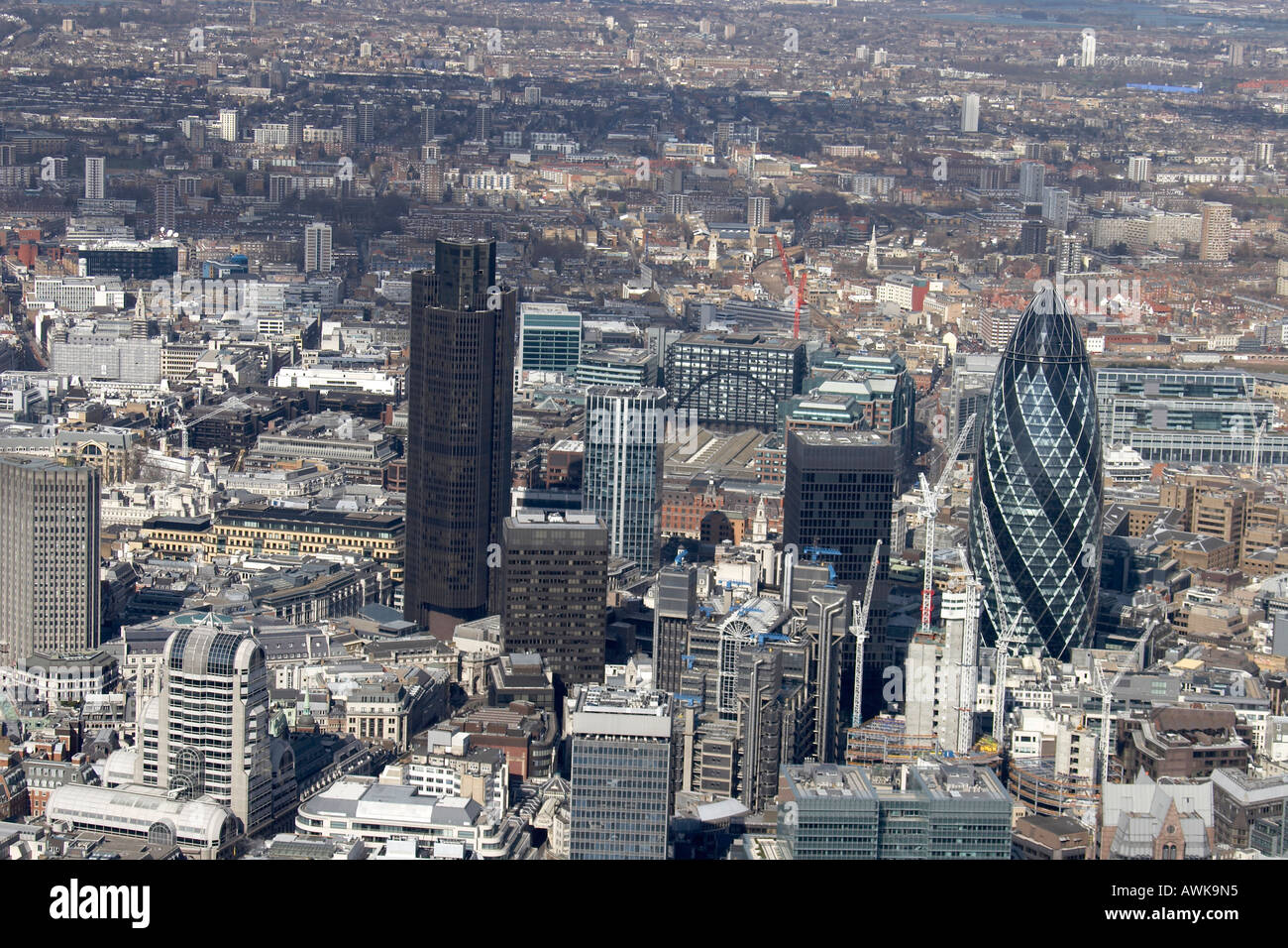 High level oblique aerial view north east of Gherkin Tower 42 Stock ...
