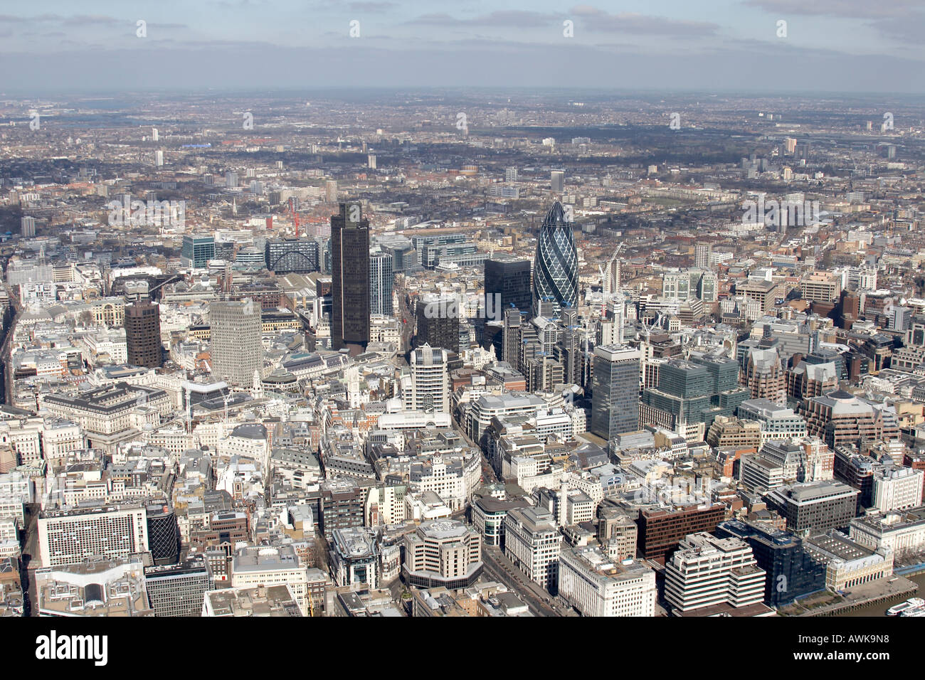 High level oblique aerial view north east of Gherkin Tower 42 Stock ...