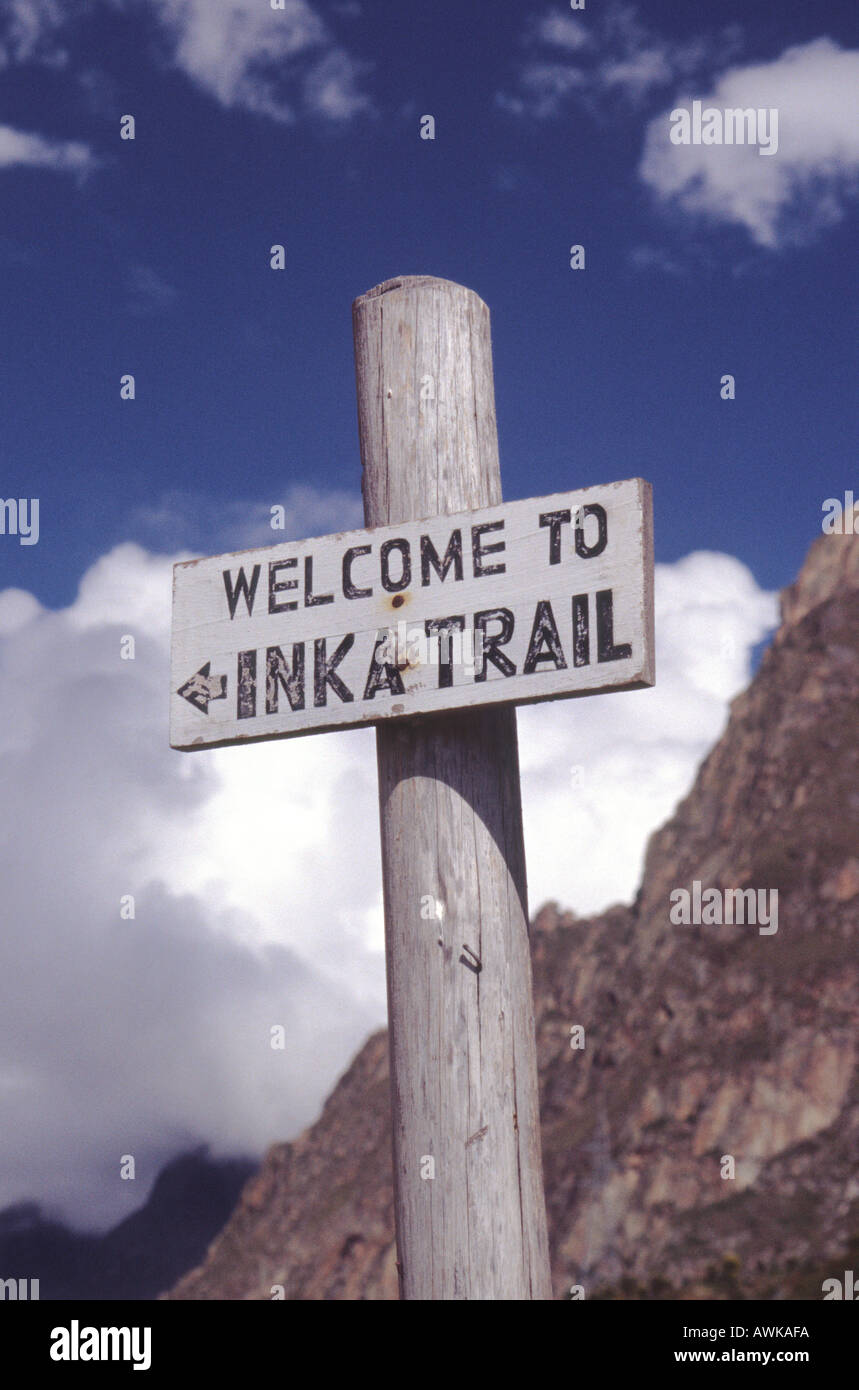 Sign indicating the start of the Inca Trail at km 88 to Machu Picchu in ...