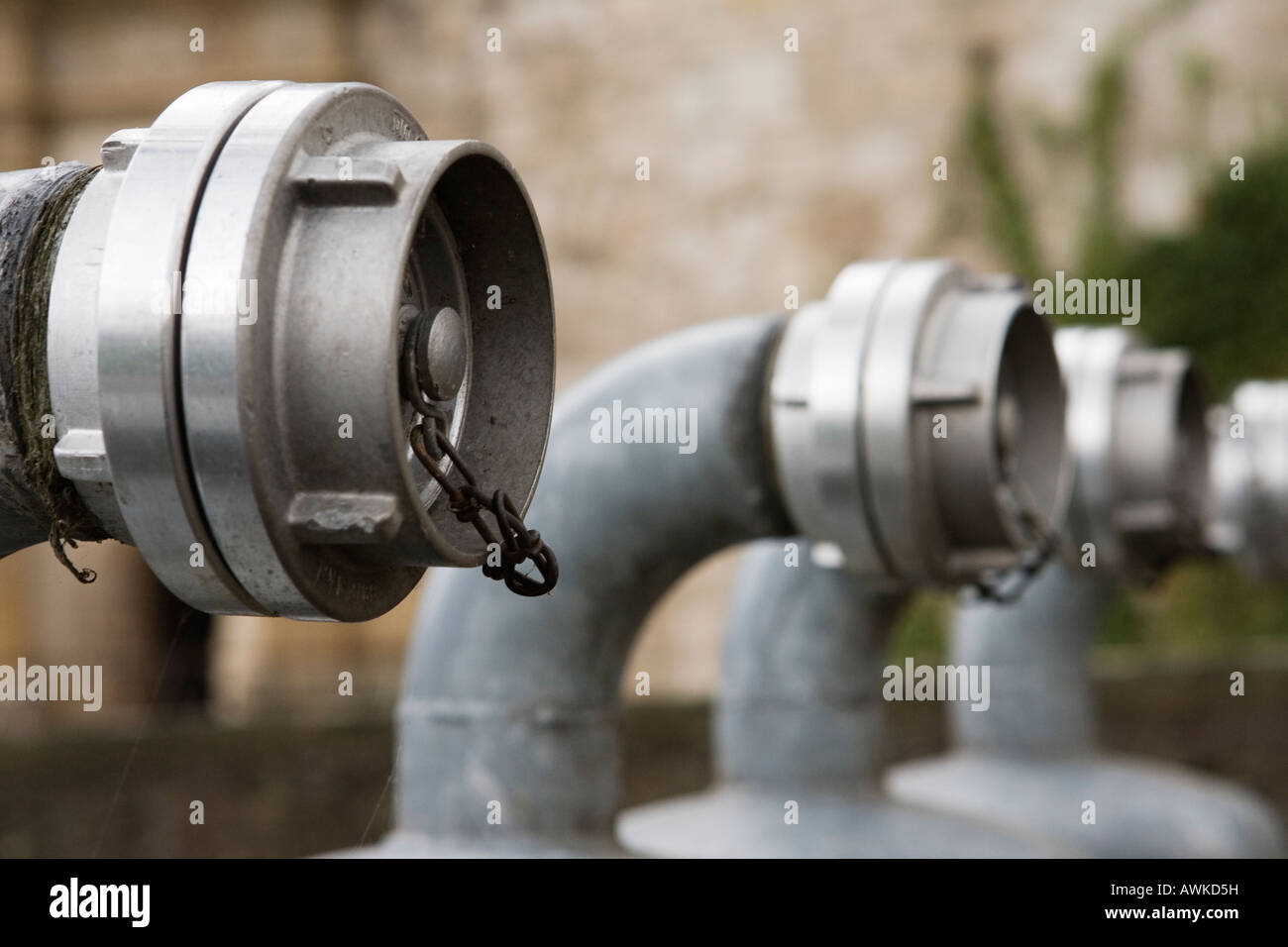 Fire hydrants in a line Tuebingen Baden Wuerttemberg Germany April 2007 ...