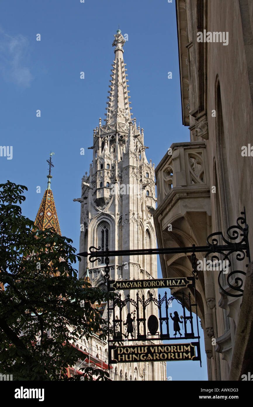 Matthias Church Matyas Templom tower turret with iron street sign in ...