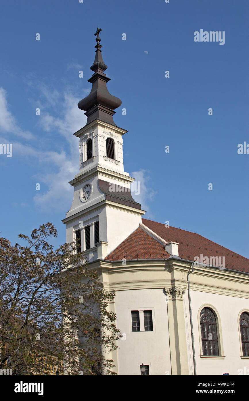 Traditional white church with clock tower in Budapest Hungary Stock ...