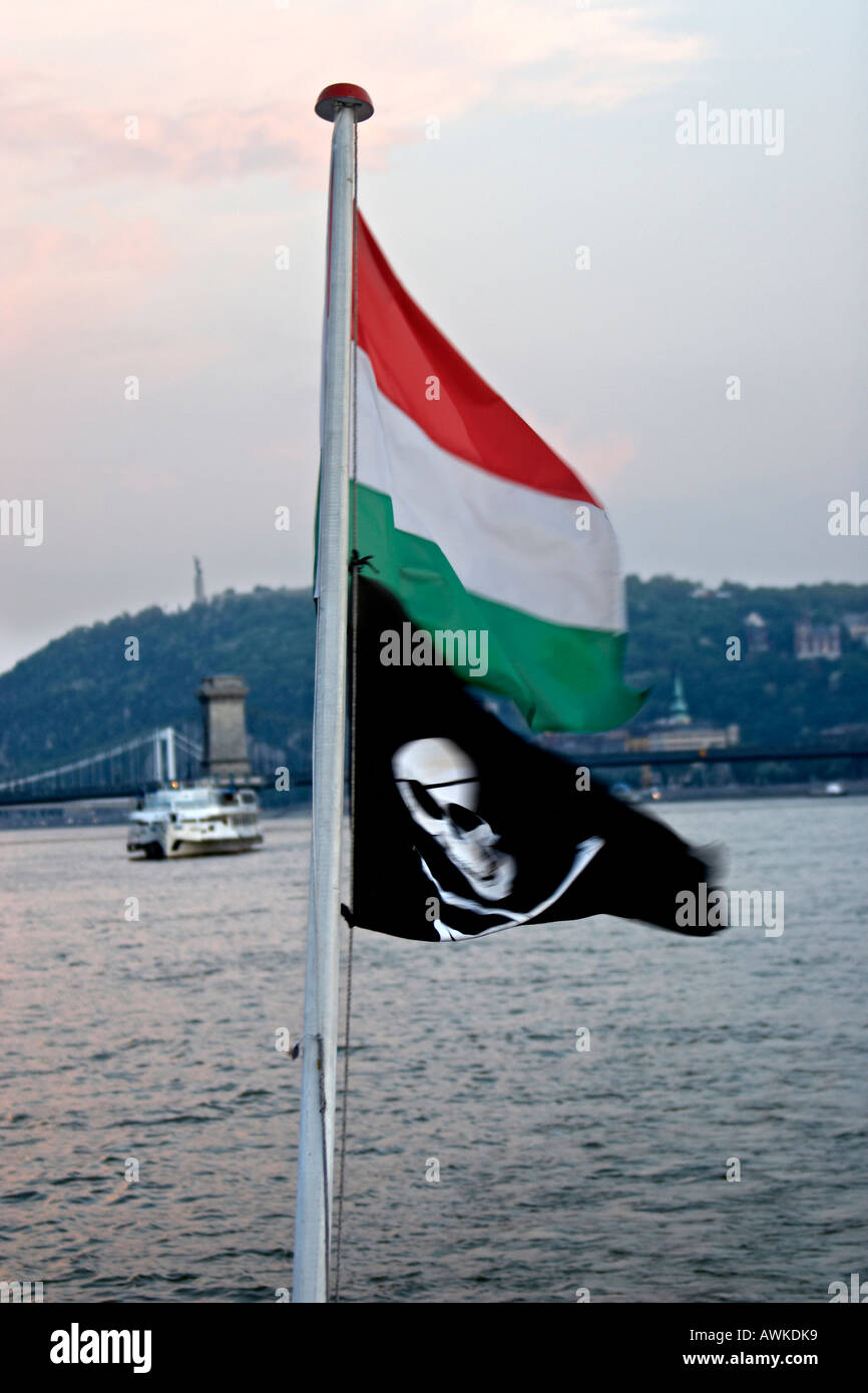 Hungarian flag flagpole pirate flag on River Danube by night dusk ...