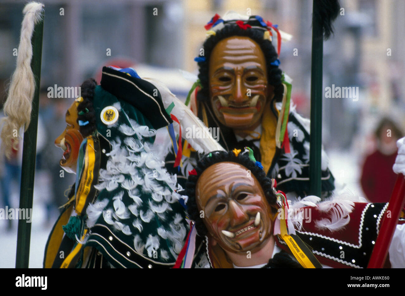 People in traditional costumes at carnival, Rottweil, Black Forest ...