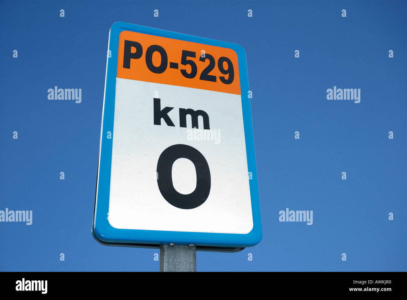 TRAFFIC SIGN INDICATE INFORMATION OF PONTEVEDRA ROAD KM 0 ON BLUE SKY ...