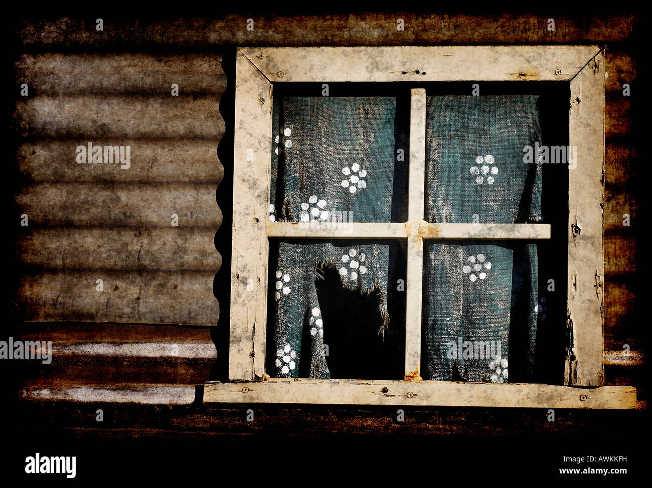 old dirty and grungy wall and window with ripped curtains Stock Photo ...
