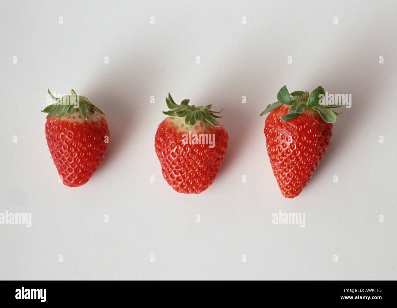 Three strawberries in a row, close-up, white background Stock Photo - Alamy