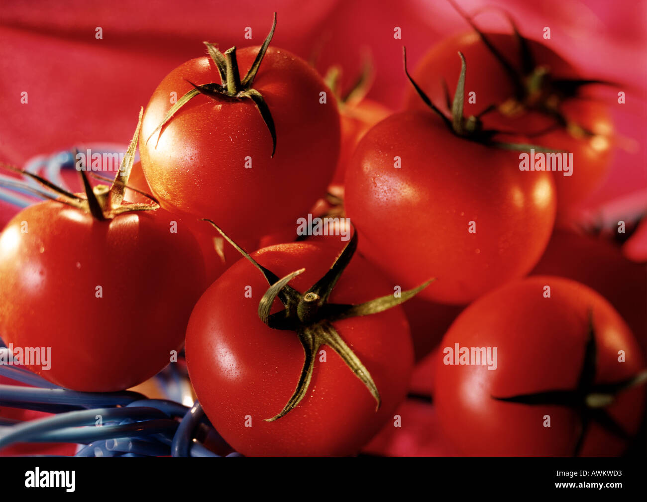 Pile of red tomatoes with green stems, close-up Stock Photo - Alamy