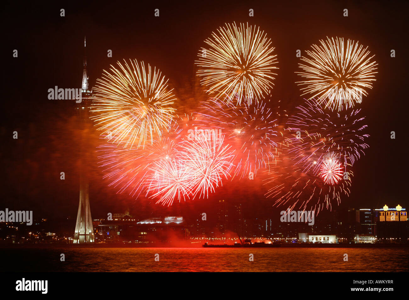 macau tower with fireworks Stock Photo - Alamy