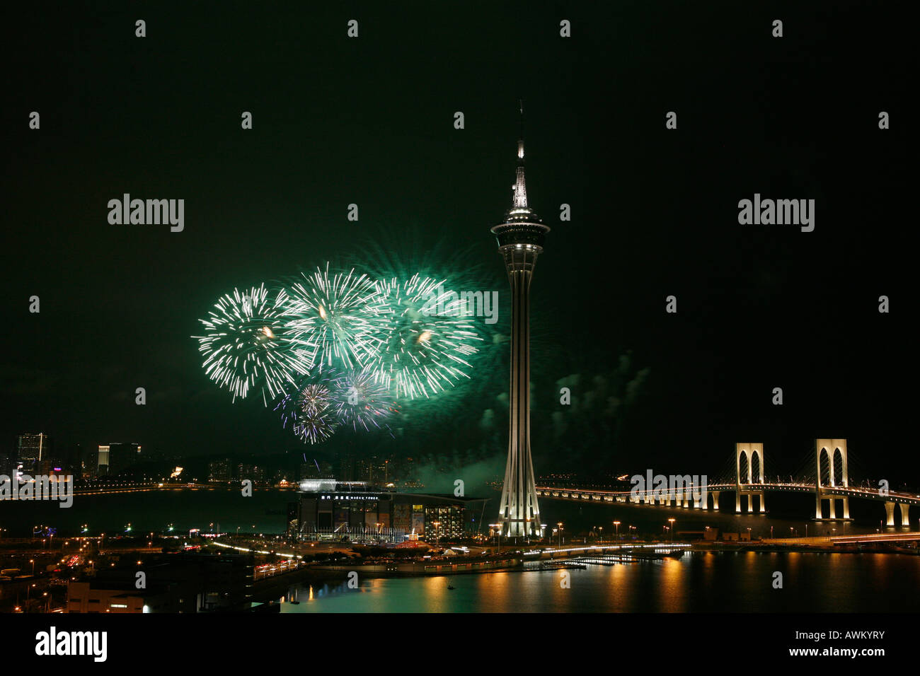 macau tower with fireworks Stock Photo - Alamy