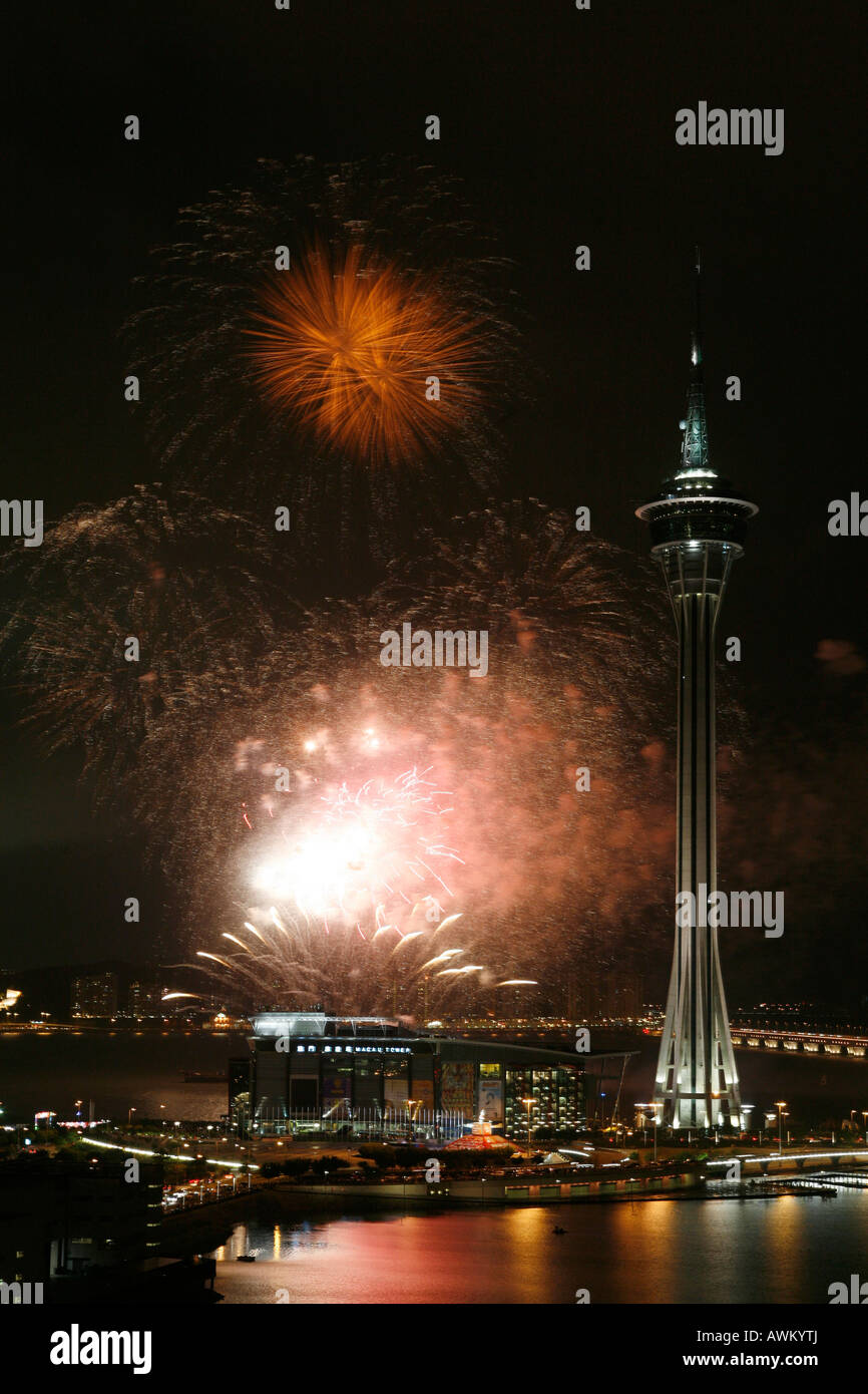 macau tower with fireworks Stock Photo - Alamy