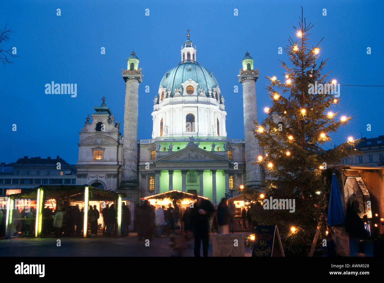 Church lit up at night, St. Charles's Church, Vienna, Austria Stock ...