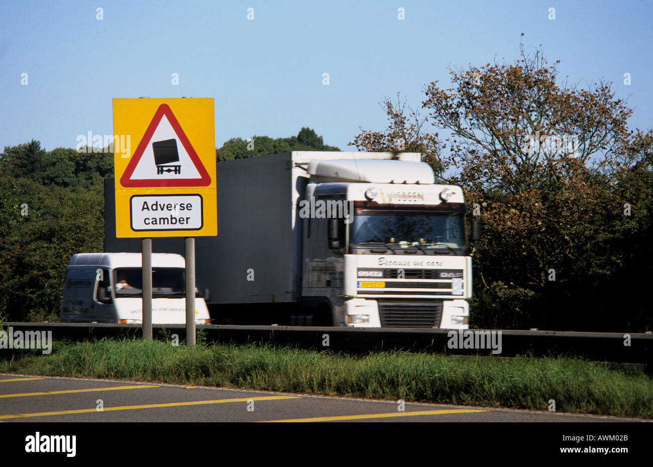lorry passing warning sign of adverse camber on road surface a1 road ...