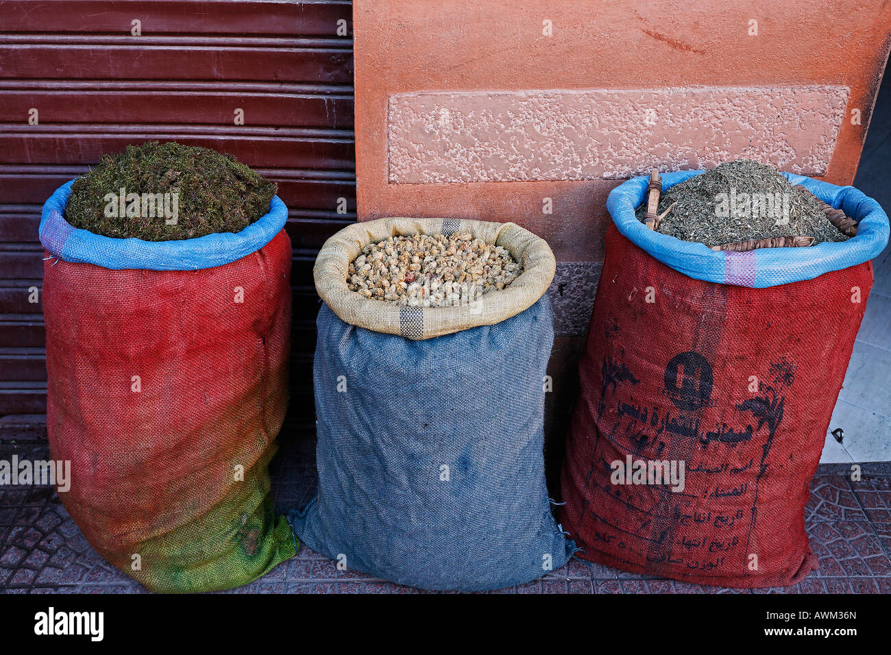 Colourful sacks of oriental spices, historic Medina quarter, Marrakesh ...