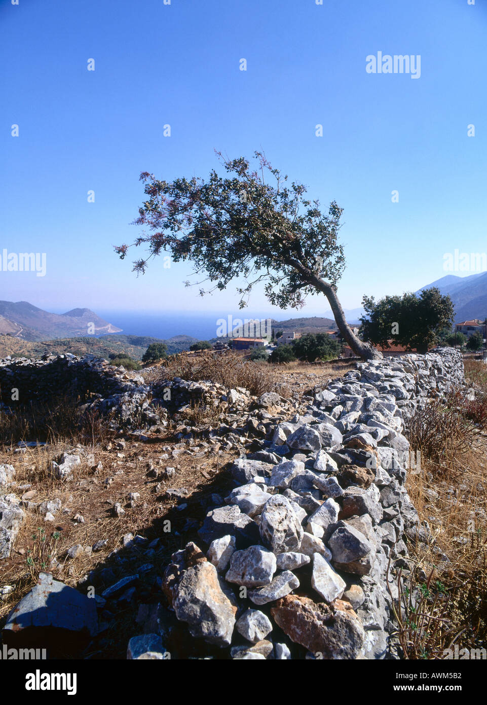 Stone wall on a landscape, Peloponnesus, Mycenae, Acropolis, Greece ...