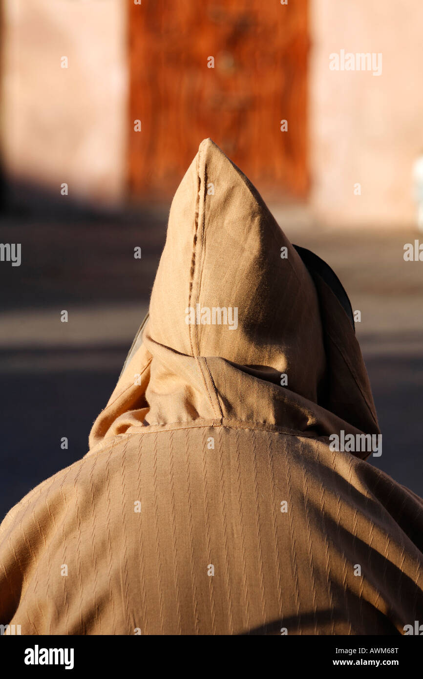 Hood of a Moroccan man wearing a Djellaba, Medina, Marrakech, Morocco ...