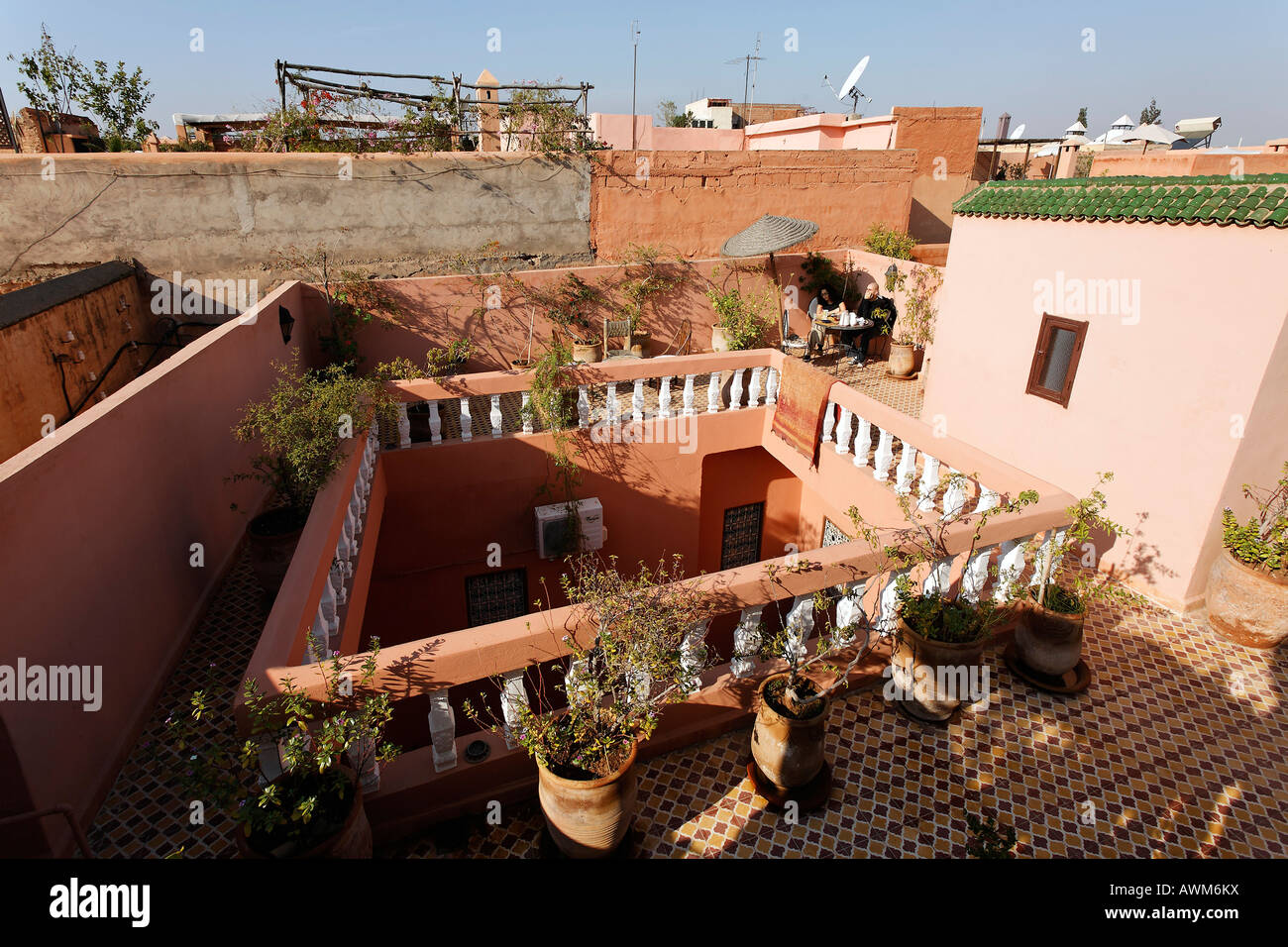 Roof terrace of a Riad hotel at the Medina of Marrakech, Morocco ...