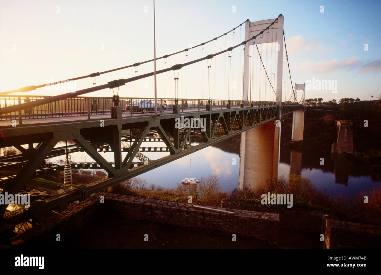 Suspension bridge across river, La Roche Bernard, Vilaine River ...